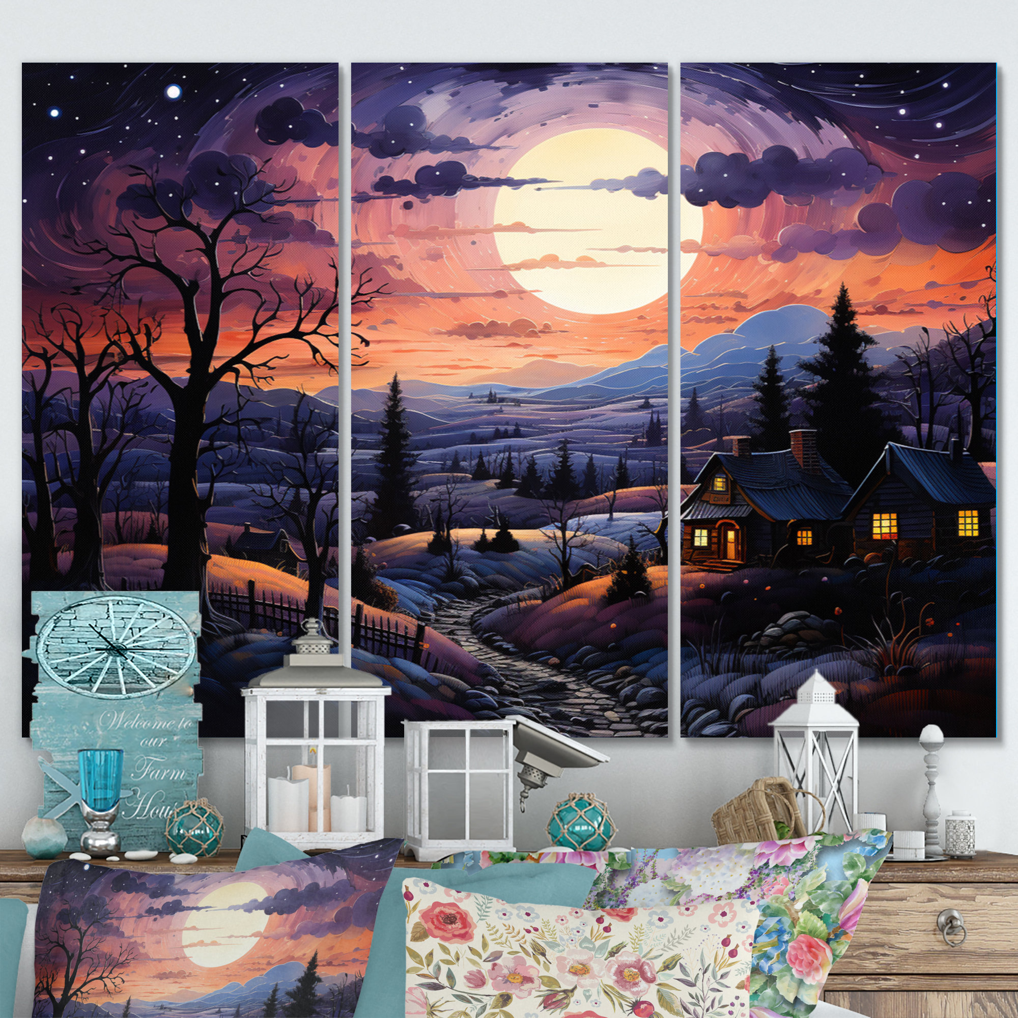 Winston Porter Countryside Nightfall Patchwork Landscape I On Canvas 3 Pieces Print | Wayfair